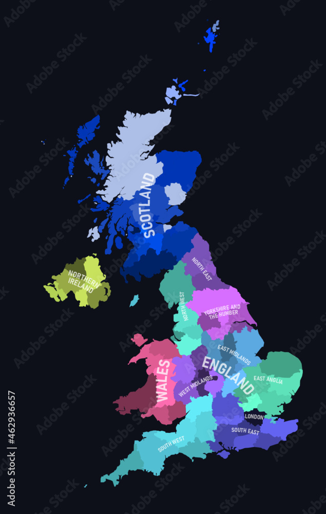 Accurate map of the UK with English regions (dark background) Stock ...