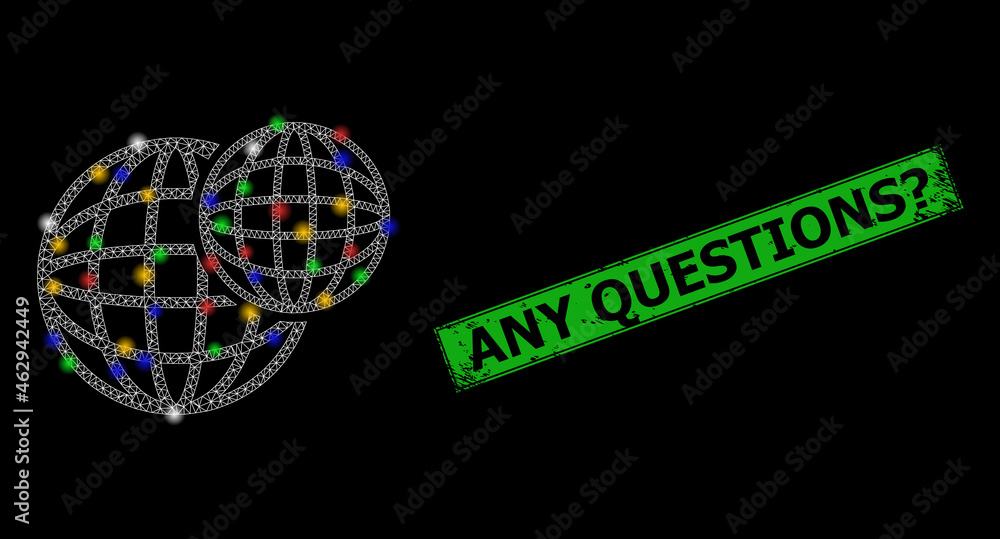 Bright mesh web spheric balls with multicolored glowing spots, and ...