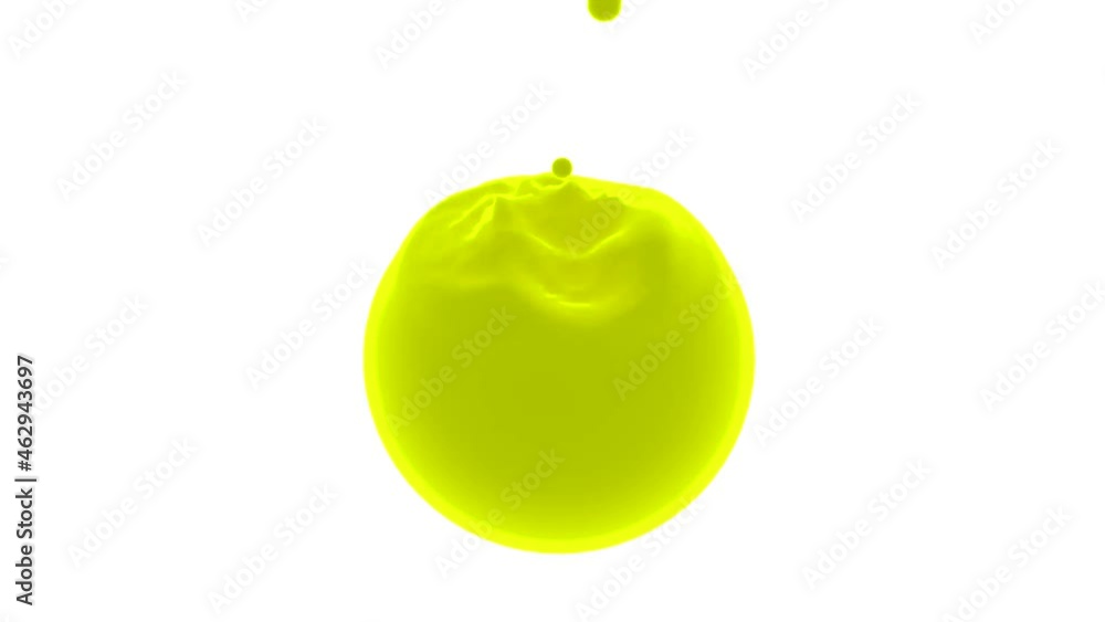 Drops fall into colored liquid ball. Design. 3D animation of falling ...
