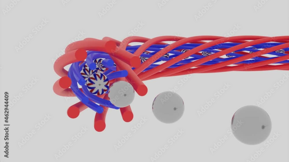 3D animation of balls moving in spiral. Design. Balls move in formation into narrow rotating ...