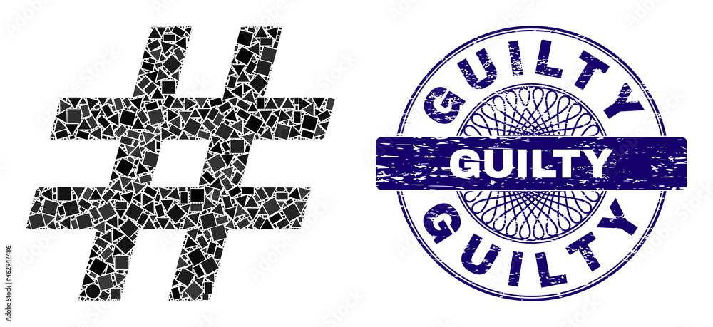 Geometric collage jail, and Guilty scratched seal. Blue stamp includes ...