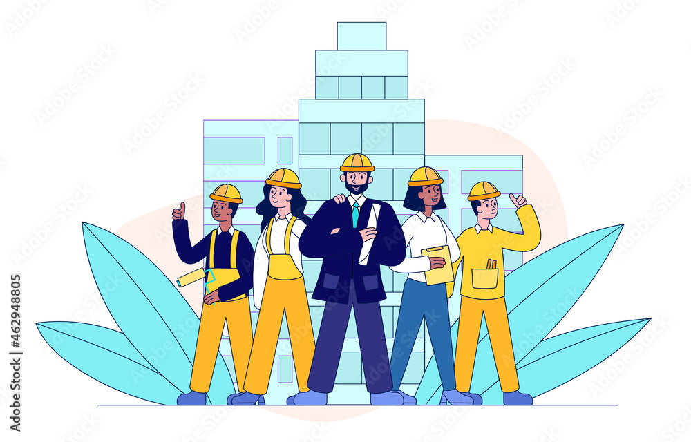 Business center construction team. Builders on background of tower ...