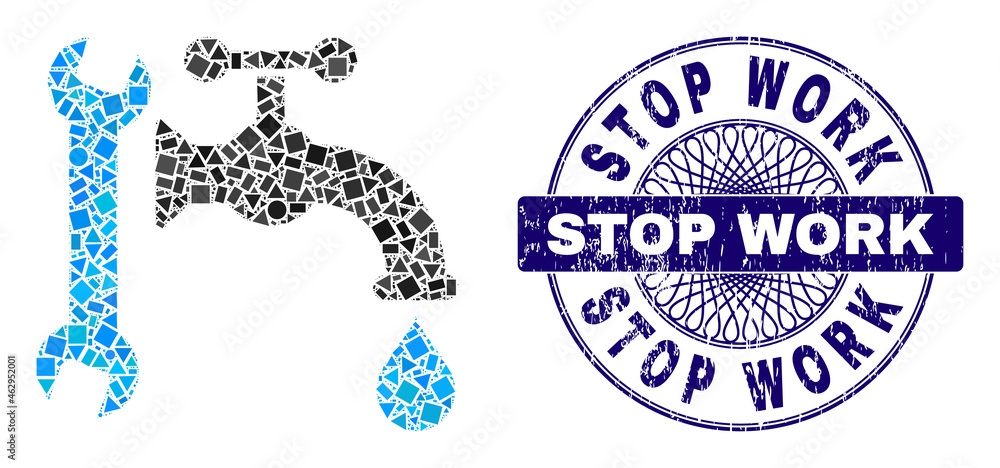 Geometric collage plumbing, and Stop Work unclean stamp seal. Blue ...