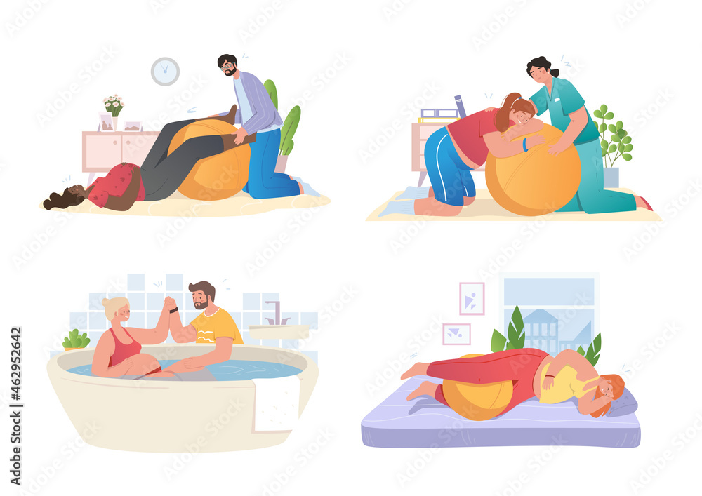 Set with pregnant women preparing for childbirth at hospital and at ...