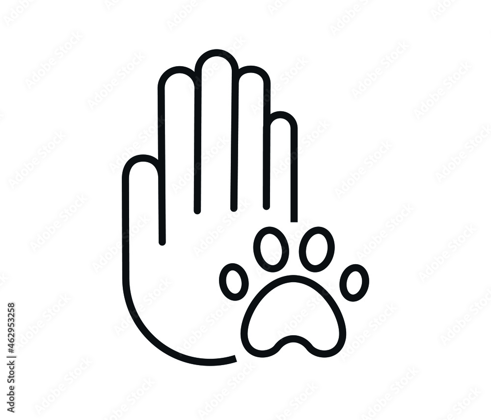 Human hand palm with dog or cat paw print symbol. Veterinary pet care ...