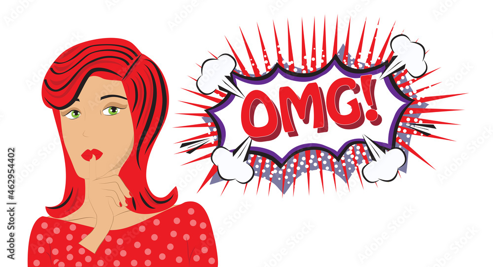 OMG! speech bubble and female face close-up on white background, vector ...