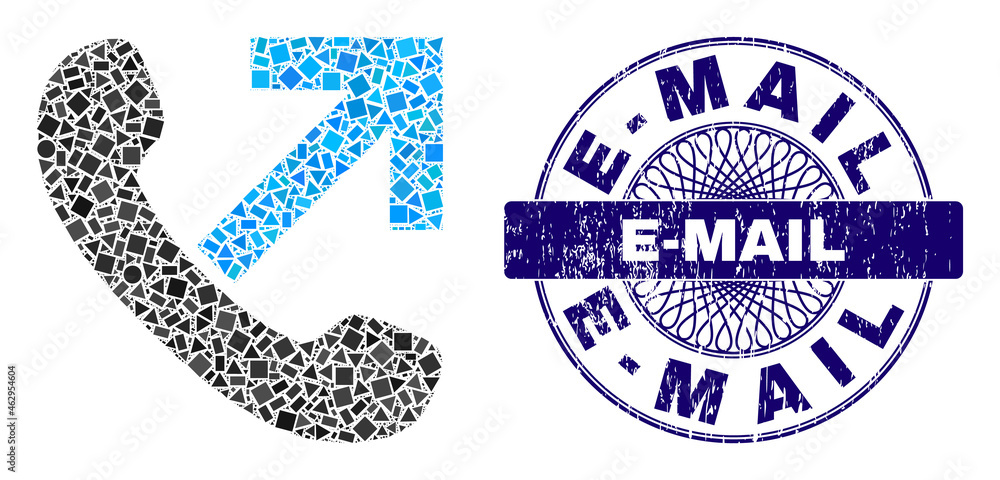 Geometric collage outgoing call, and E-Mail grunge stamp. Blue stamp ...