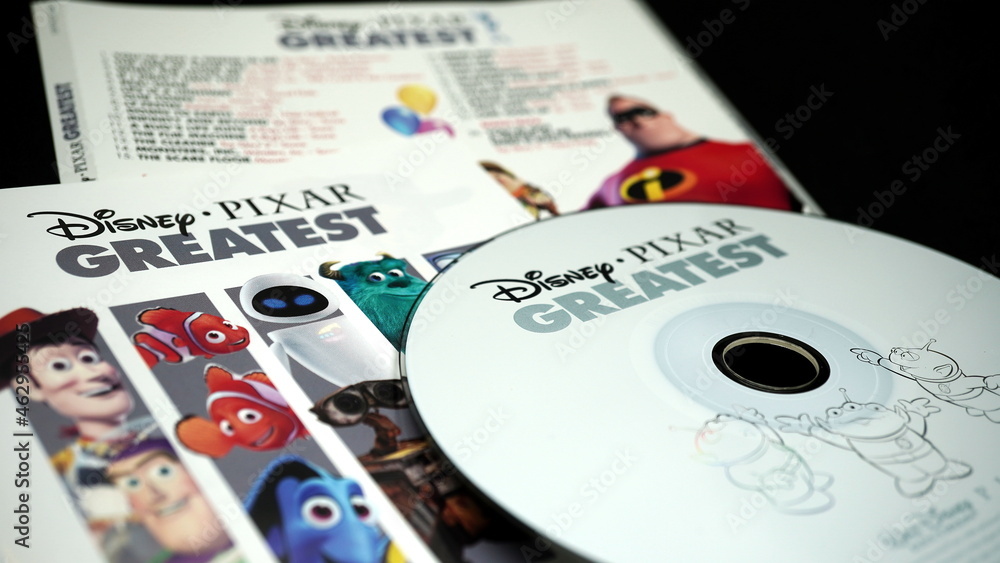 Rome, September 13, 2019: CD and artwork of the soundtracks of PIXAR ...