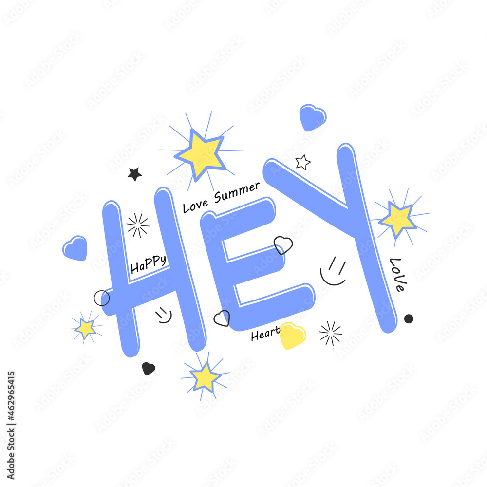 Slogan "Hey" with flat icons isolated on white background. Kids ...