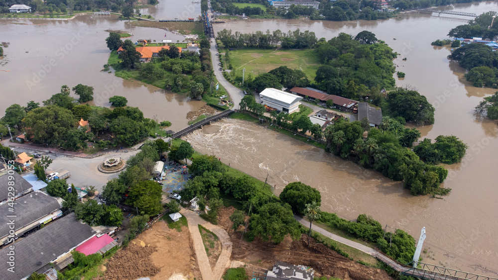 Aerial view of Rama 6 Dam (Phra Narai Gate) in Thailand with powerful ...