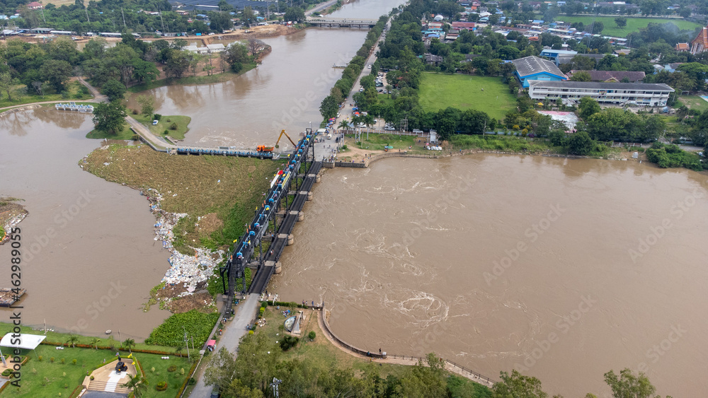 Aerial view of Rama 6 Dam (Phra Narai Gate) in Thailand with powerful ...