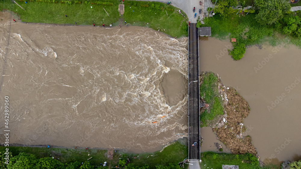 Aerial view of Rama 6 Dam (Phra Narai Gate) in Thailand with powerful ...