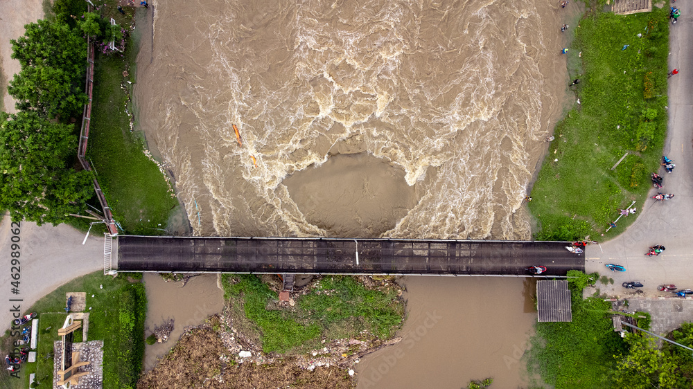 Aerial view of Rama 6 Dam (Phra Narai Gate) in Thailand with powerful ...