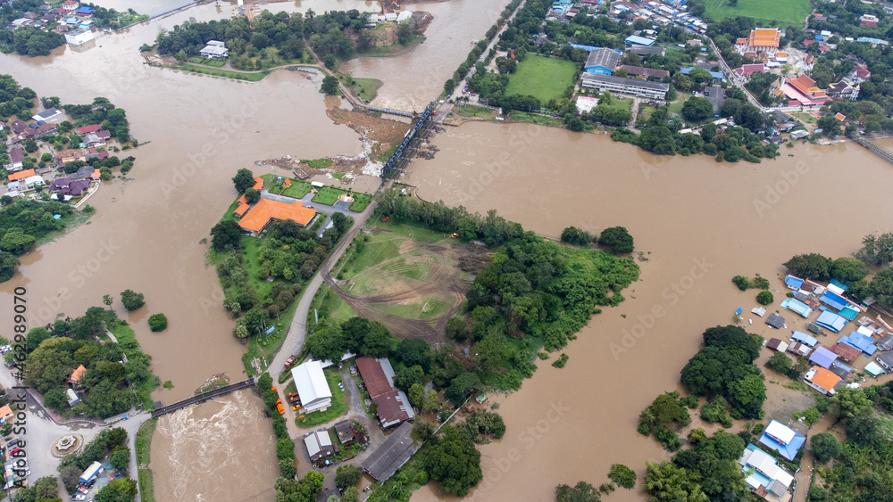 Aerial view of Rama 6 Dam (Phra Narai Gate) in Thailand with powerful ...