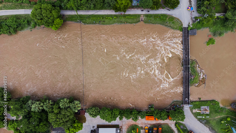 Aerial view of Rama 6 Dam (Phra Narai Gate) in Thailand with powerful ...