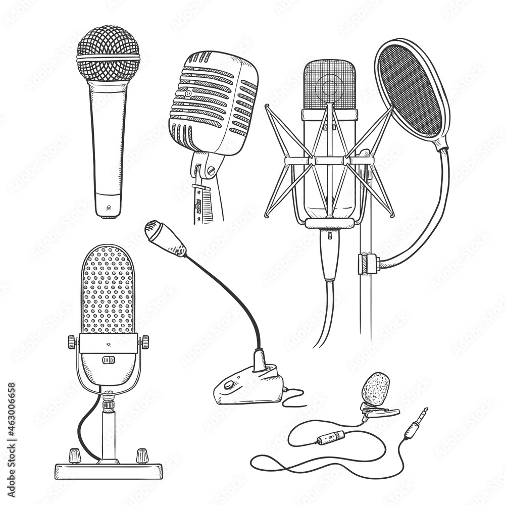 Vector Sketch Set of Microphone Illustrations. Different Types Stock ... Vector Sketch Set of Microphone Illustrations. Different Types Stock ...
