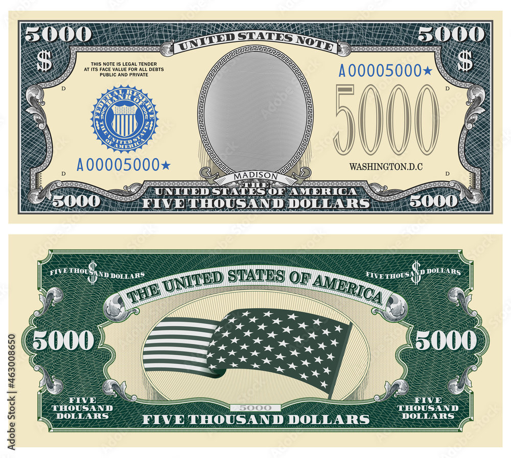 Fictional template obverse and reverse of US paper money. Five thousand ...