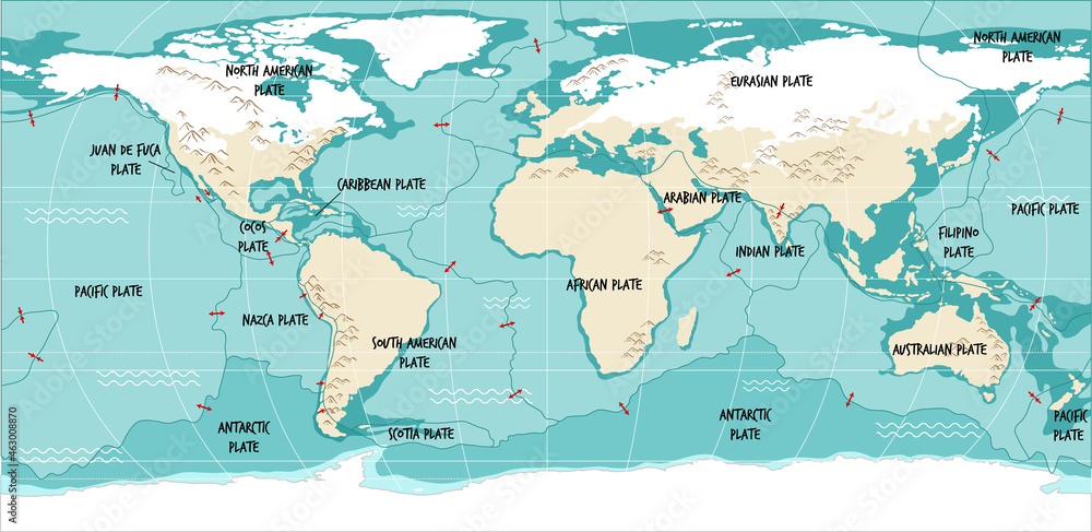 World Map Showing Tectonic Plates Boundaries Stock Vector | Adobe Stock