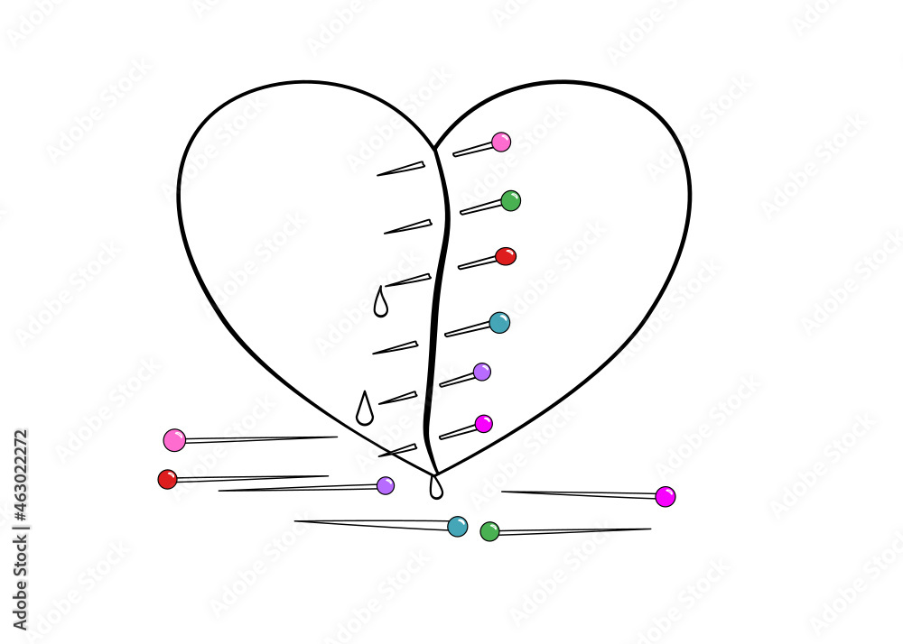 Drawing Line art of Broken heart was cut and attached with many pin ...
