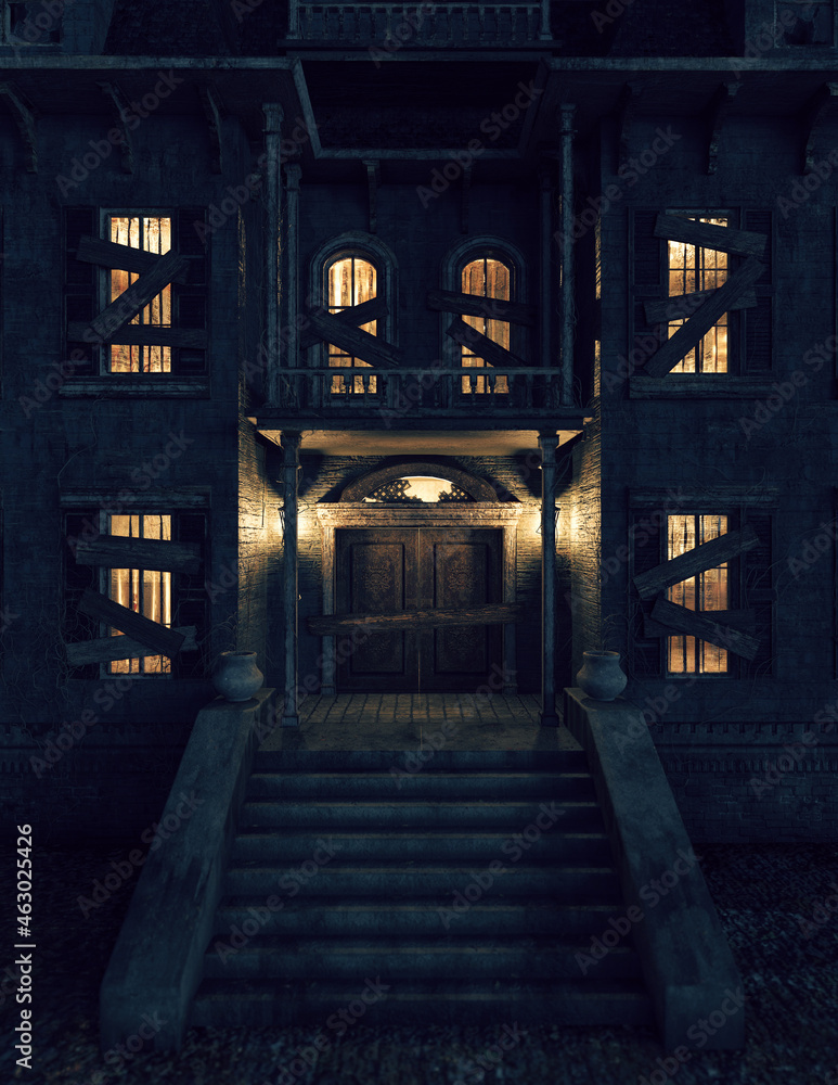 Front door entrance of an spooky, abandoned and dilapidated manor with ...