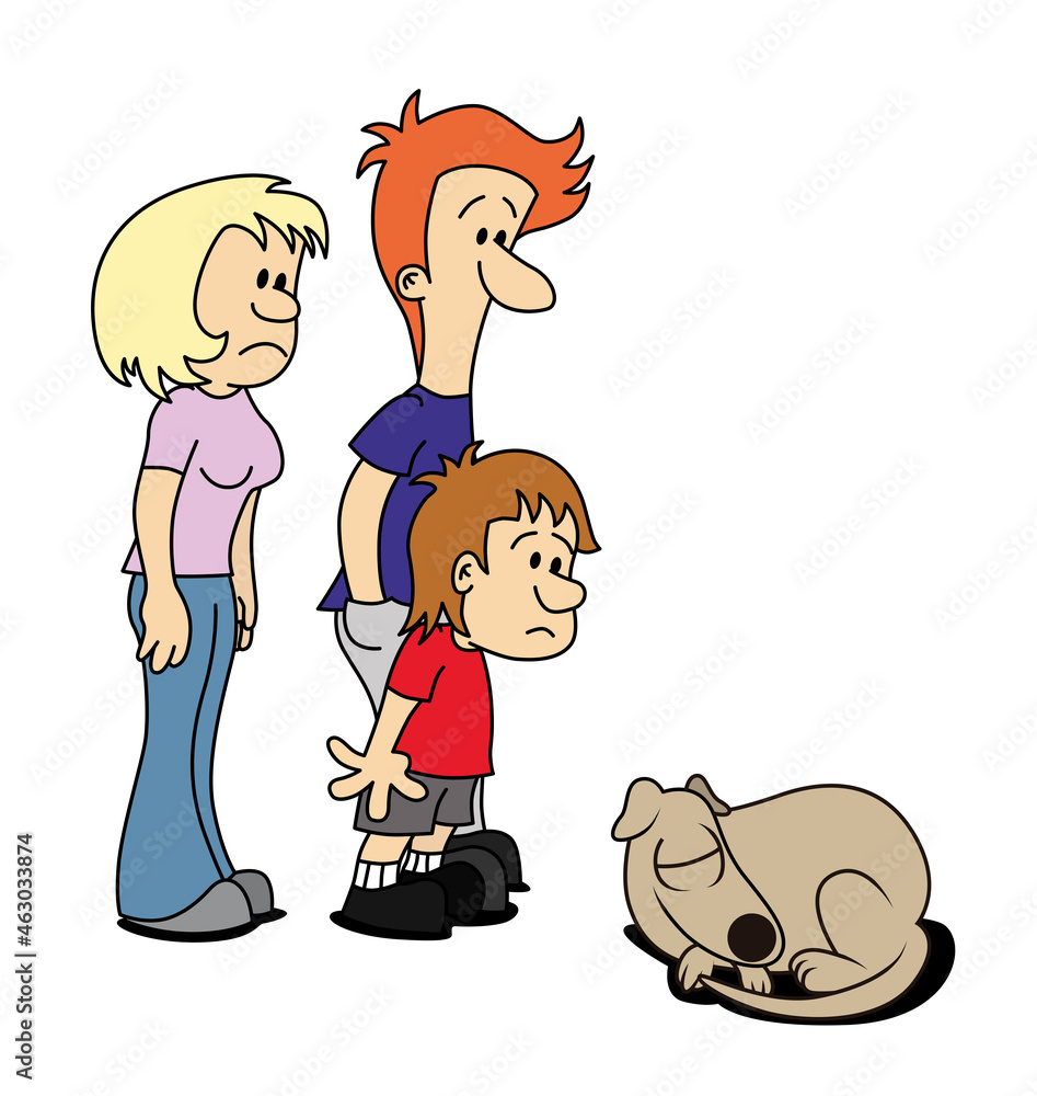 Cute family watching their dog sleeping. Mother, father and son ...