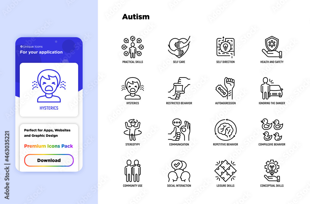 Autism symptoms and adaptive skills thin line icons set: repetitive ...