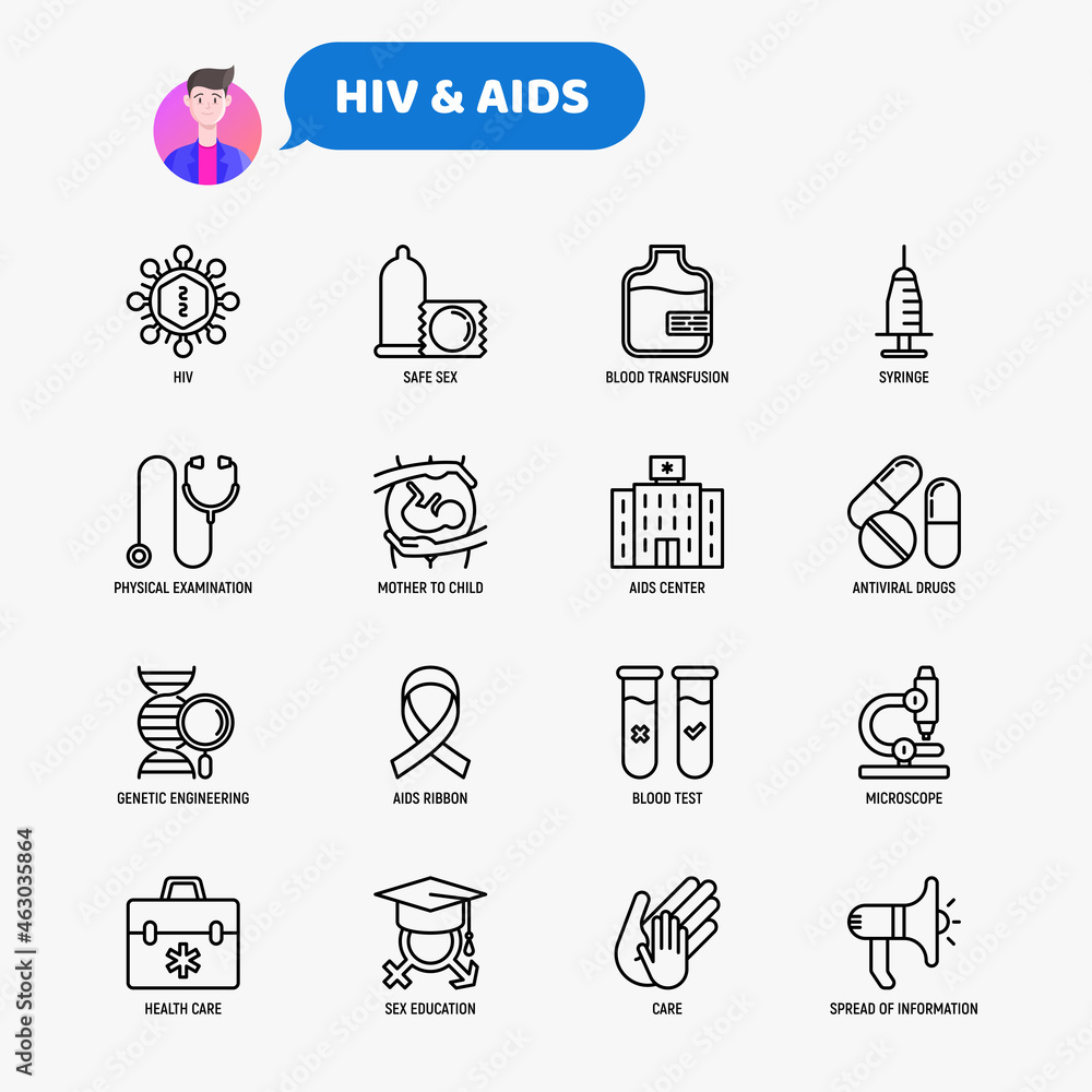 HIV and AIDs thin line icons set. Safe sex, blood transfusion, syringe ...