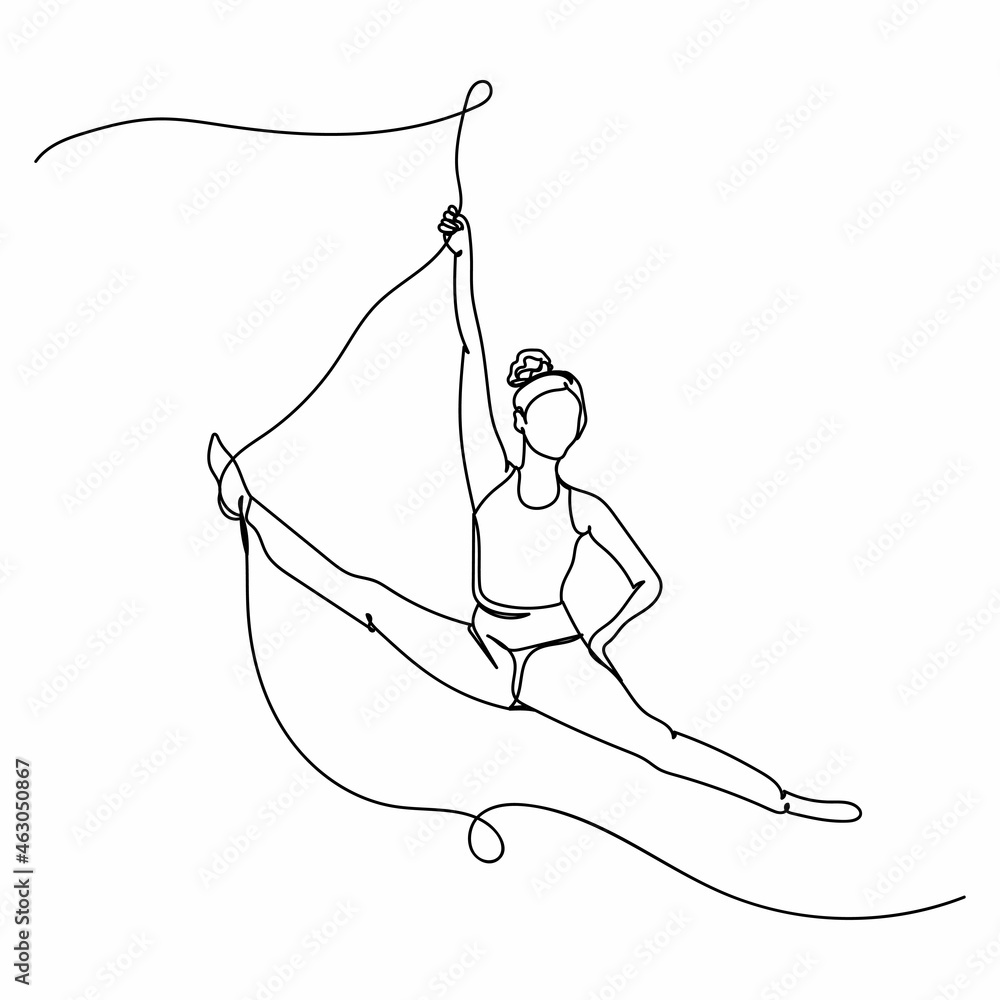 Continuous one single line drawing of gymnast woman performing aerial ...
