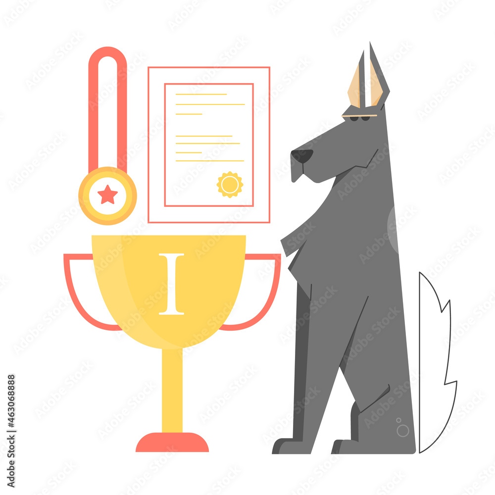 Great Dane and his awards. The winner dog of the competition sits next ...