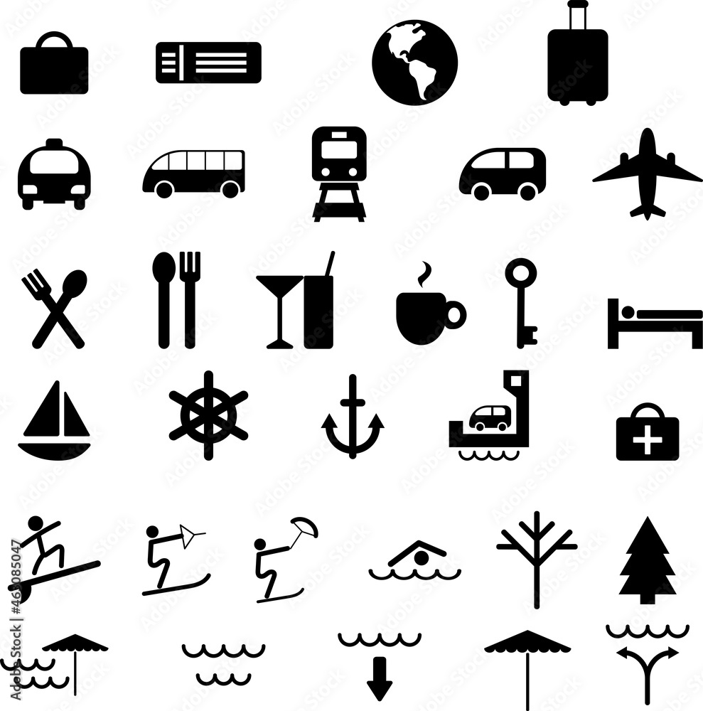 Travel icon vector set. Symbols of tourism, activities on the beach and ...