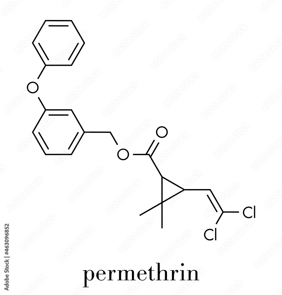 Permethrin pyrethroid insecticide. Used to treat scabies and head lice ...