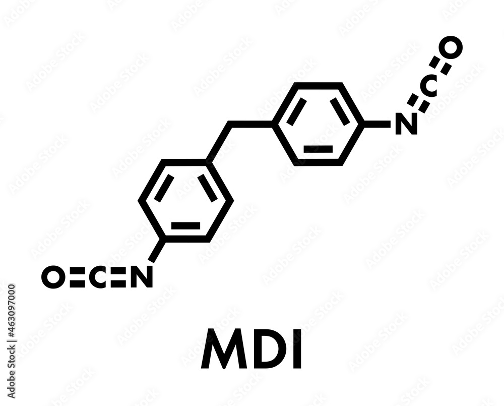 Methylene diphenyl diisocyanate molecule (MDI), polyurethane (PU) building block. Skeletal ...