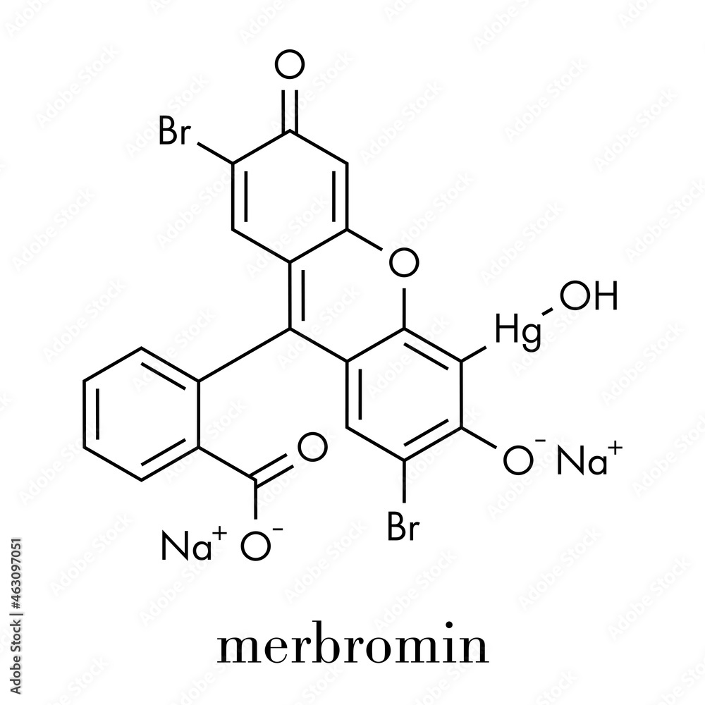 Merbromin topical antiseptic molecule. Used to treat wounds. Contains ...