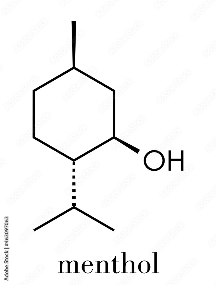 Menthol molecule. Present in peppermint, corn mints, etc. Skeletal ...