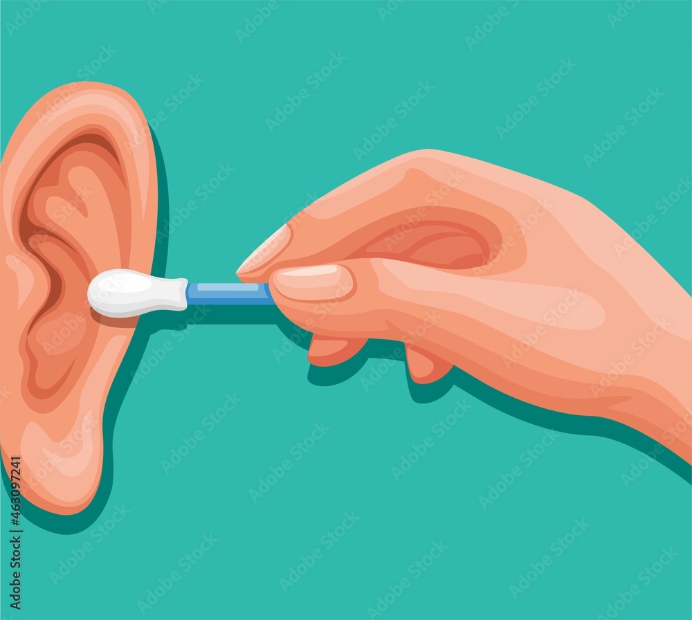 ear stick, hand holding cotton bud to cleaning ear. health care symbol ...
