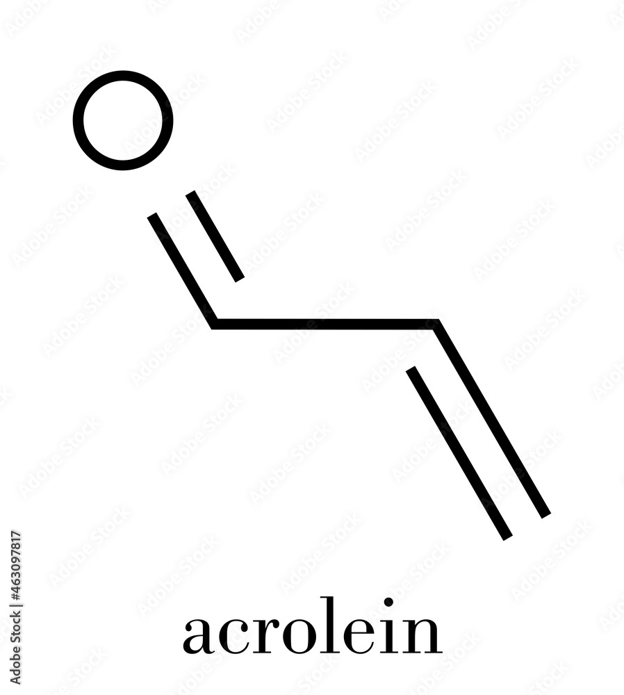 Acrolein (propenal) molecule. Toxic molecule that is formed when fat or ...