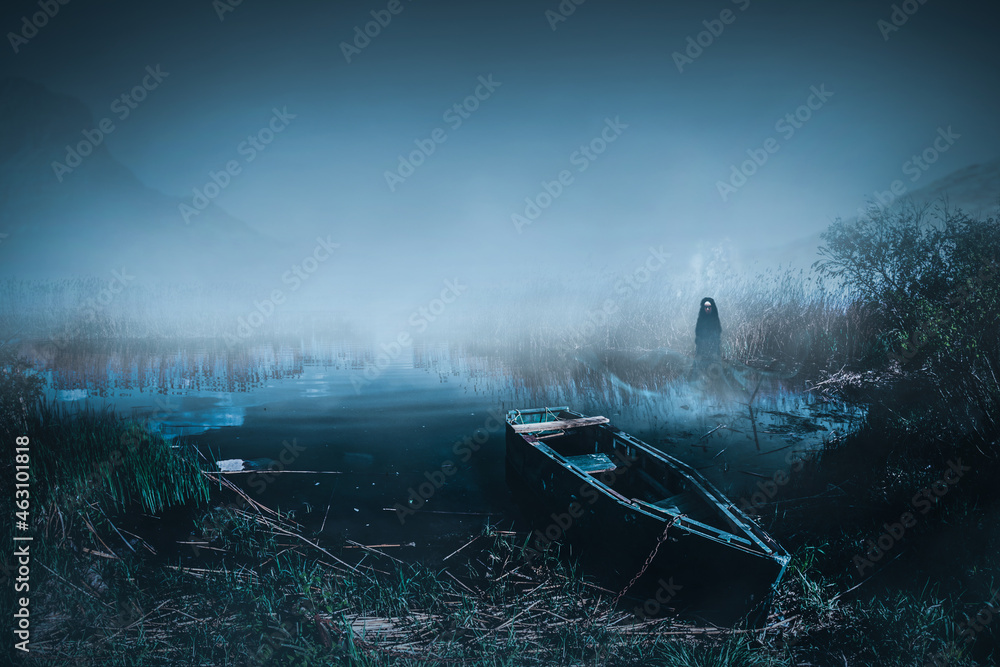 Abandoned wooden boat on haunted lake shore with female ghost spirit ...