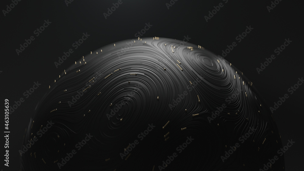 3d render golden ball with circular topographic animated lines and ...