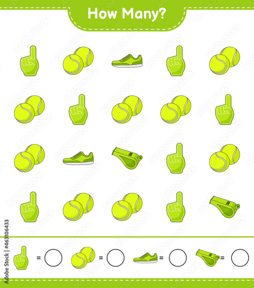 Counting game, how many Foam Finger, Whistle, Tennis Ball, and Sneaker ...