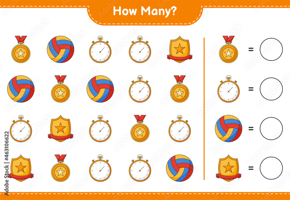 Counting game, how many Stopwatch, Trophy, and Volleyball. Educational ...