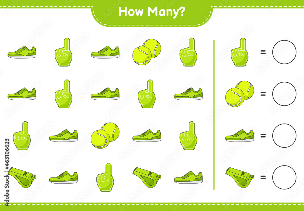 Counting game, how many Foam Finger, Whistle, Tennis Ball, and Sneaker ...