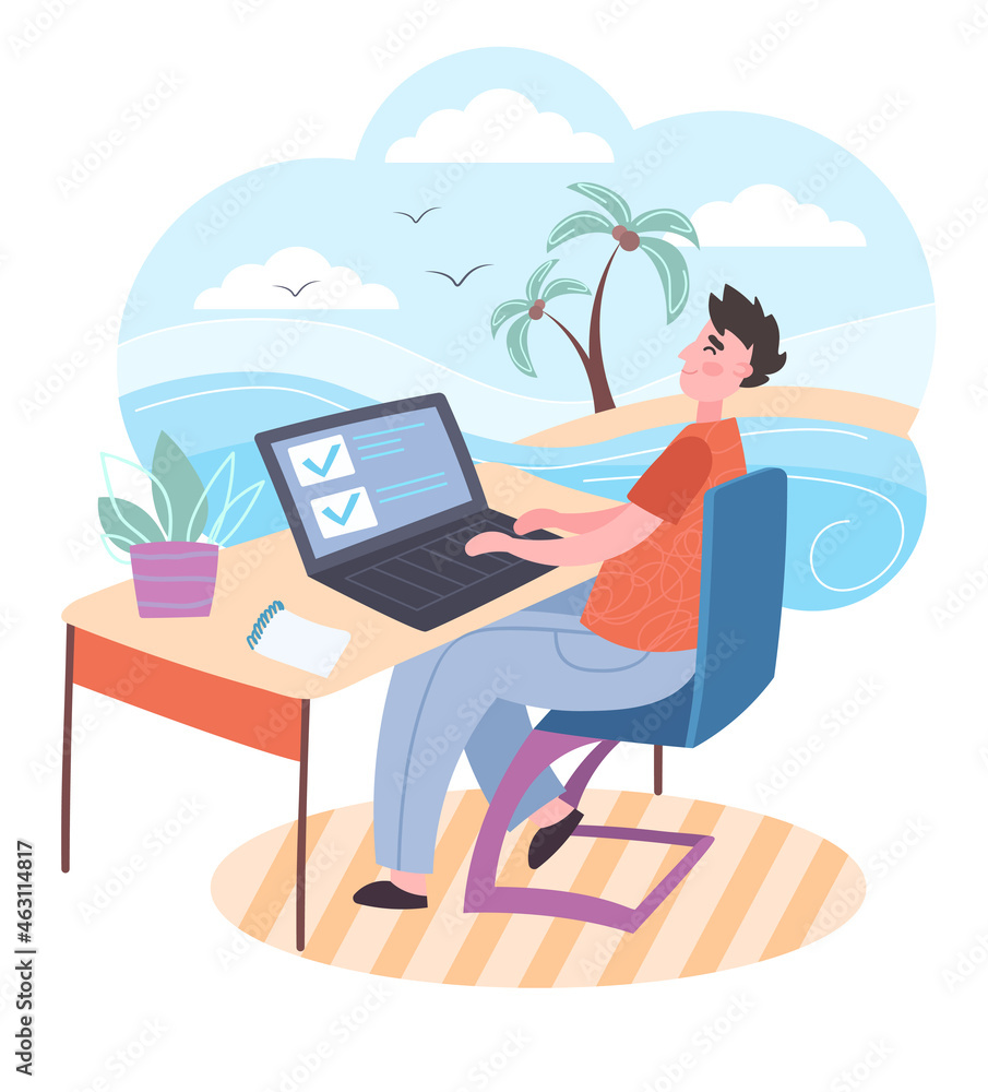 Office employee dreams of vacation at sea. Man sits at his desk and ...