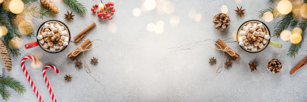 Christmas holiday banner with marshmallow hot chocolate, pine tree, red ...