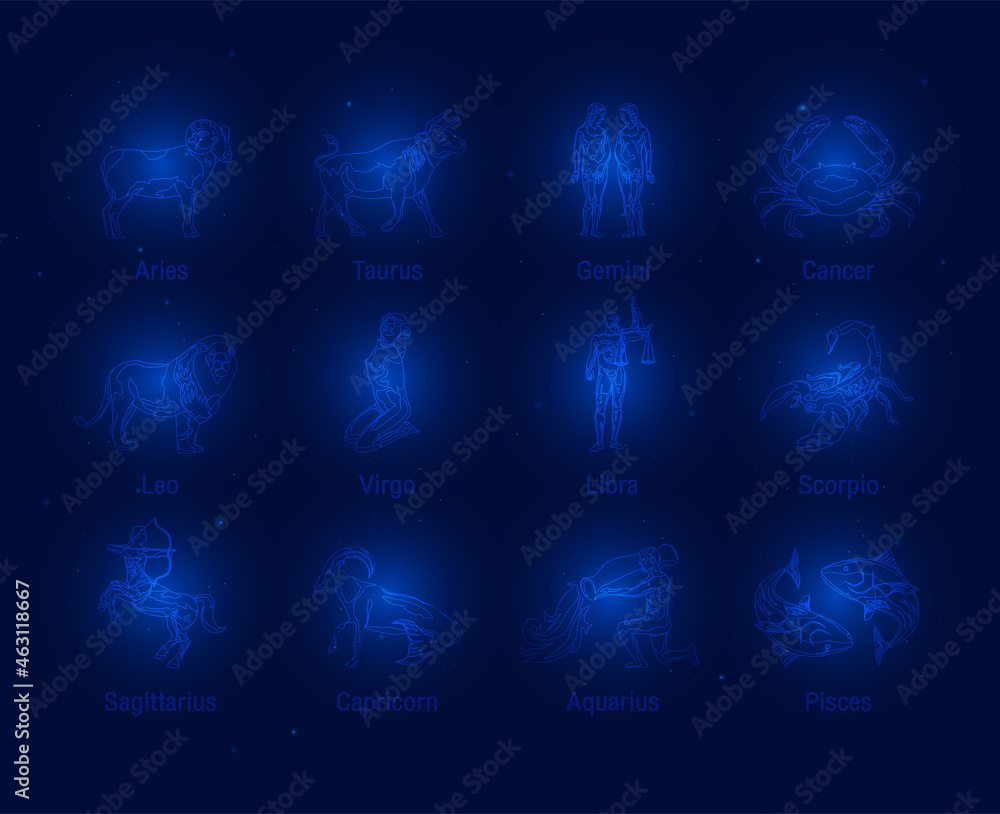 Zodiac signs with galaxy stars background, Astrology horoscope with ...