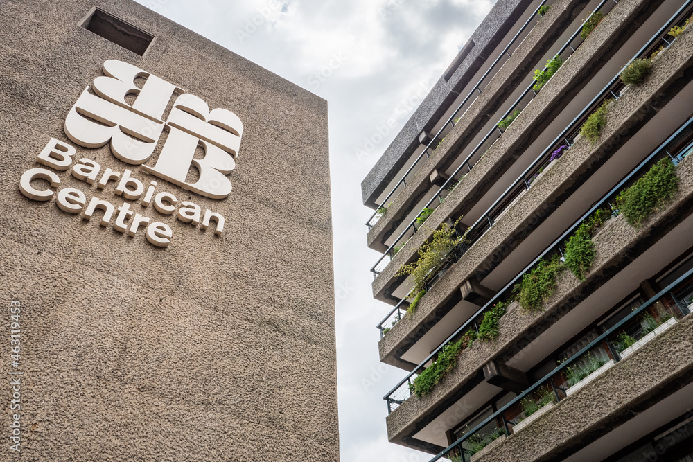 The Barbican Centre, London. The iconic brutalist concrete architecture ...