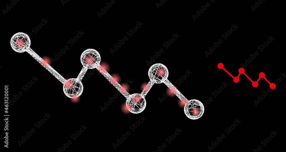 Glossy mesh vector down trend with glow effect. White mesh, flash spots ...