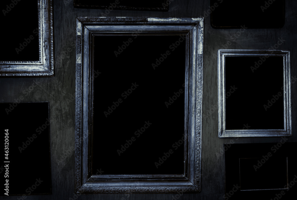 Scary horror haunted black picture frames on grunge dirty abandoned ...