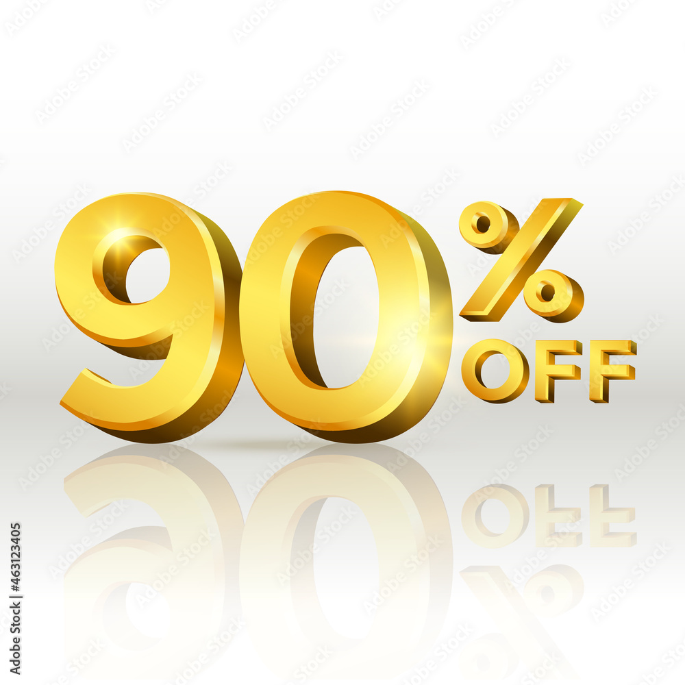 90 percent off glossy gold text vector in 3d style isolated on white ...