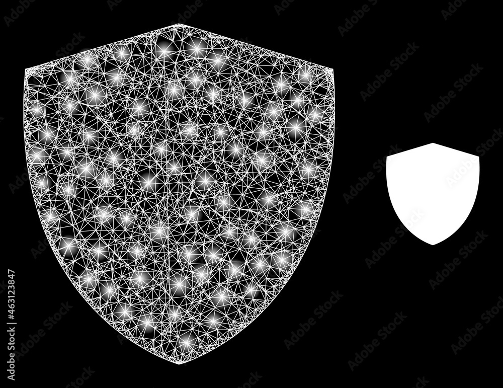 Bright mesh vector shield with glare effect. White mesh, light spots on ...