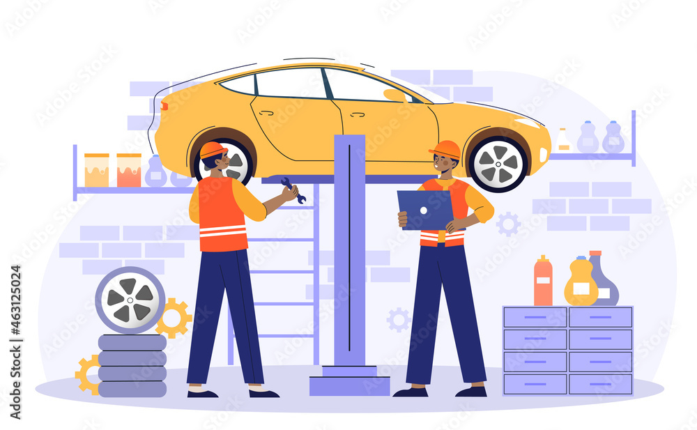 Car service and repair concept. Men lift car with help of special ...
